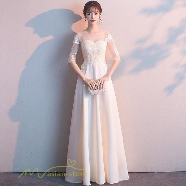 結婚式 ワンピース パーティードレス フォーマルドレス ロング丈 着痩せ お呼ばれ ドレス 安い 上品 食事会 二次会 同窓会 成人式 謝恩会 袖あり 20代 30代 40代