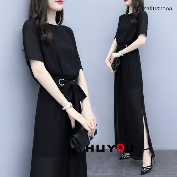 パンツドレス レディース フォーマル ワンピース オーバーオール ガウチョパンツ 半袖 ブラック 着痩せ 通勤 結婚式 発表会