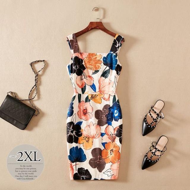 ワンピース 吊りワンピ 花柄 ウエスト切替 ファスナー タイト 総柄プリント 絵画風 細見え フェミニン 休日 きれいめ リゾート デート