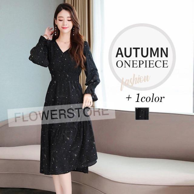 ワンピース レディース キレイめ ミモレ丈 膝丈 秋冬 長袖ワンピース Vネック エレガント 体型カバー カジュアル ファンション ウエスト締める 上品 着痩せ