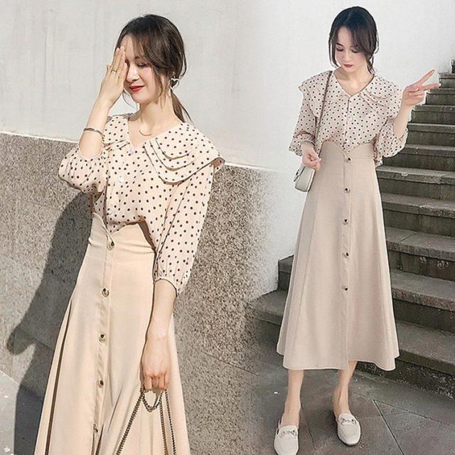 セットアップ レディース 40代 春夏 シフォンワンピースセットアップ通勤 ドット柄 七分袖ブラウス フレアスカート 2点セット オシャレ 韓国風 着痩せ 大人