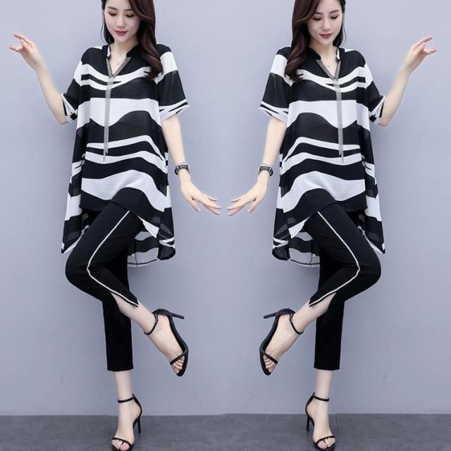 セットアップ レディース 春夏 オシャレセットアップ 半袖Tシャツ七分丈パンツ シフォン 大きいサイズ2点セット カジュアル 韓国風 通勤 40代