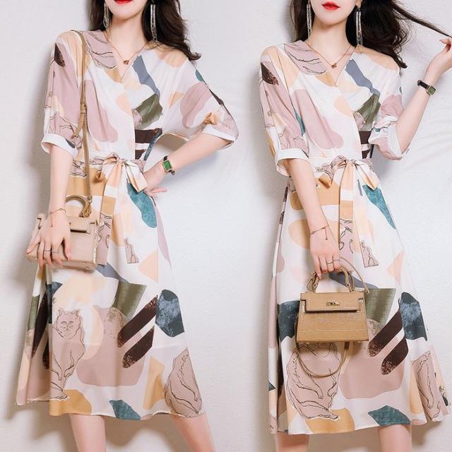 ワンピース レディース 40代マキシ丈ワンピース 春夏 半袖ワンピース Vネック きれいめ配色プリント シフォン ロング オシャレ通勤 着痩せ 大人上品 30代50代