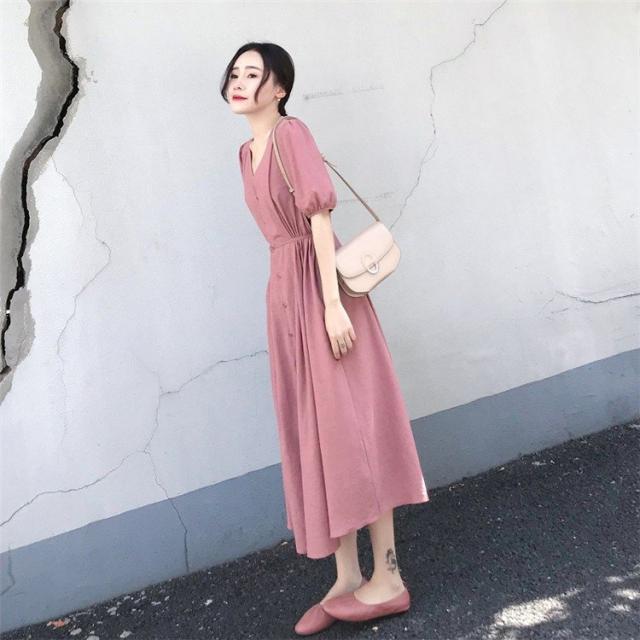 ワンピース レディース マキシワンピース 夏 半袖 ワンピース vネック シャツワンピ 韓国風 ロング丈 着痩せ オシャレ スリーブ リネン シャツロング