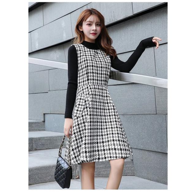 ワンピースセットアップ レディース フォーマル 40代 秋冬 長袖ニットトップス＋ラシャスカート ベストワンピース チェック柄 ロング丈 通勤 aライン 大人 ワンピースセットアップ レディース フォーマル 40代 秋冬 長袖ニット