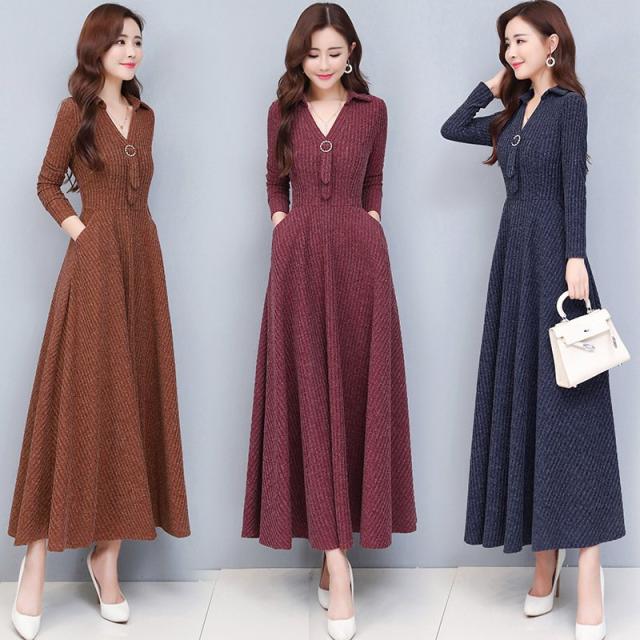 ニットワンピース レディース 40代 秋冬 長袖ワンピース無地 vネック ニットワンピース ロング丈 フレアスカート ニットインナー オシャレセーター 大人 上品