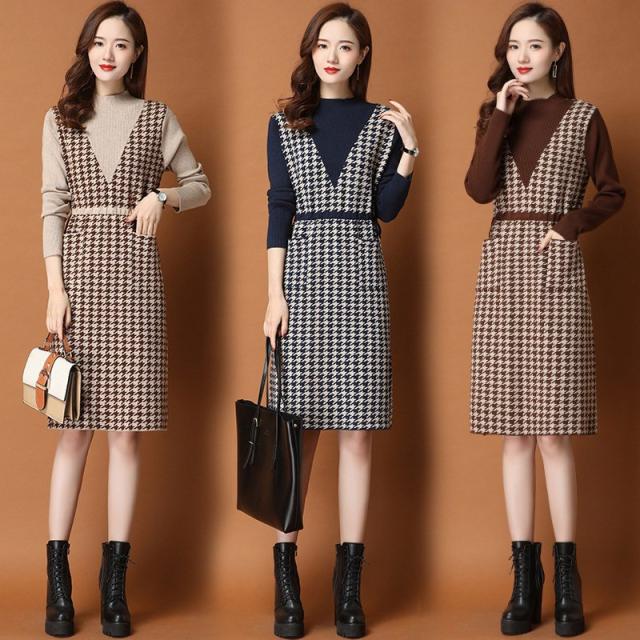ニットワンピース レディース 40代 秋冬 膝丈ワンピース 長袖 ニットワンピース チェック柄セーター ロングスカート オシャレ 上品 大人カジュアル