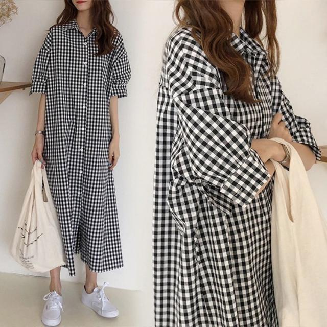 ワンピース レディース 夏 半袖 40代 30代 チェック きれいめ 韓国風 オシャレ ゆったり 通勤 カジュアル 大きいサイズ ロング丈ワンピース ロング丈ブラウス