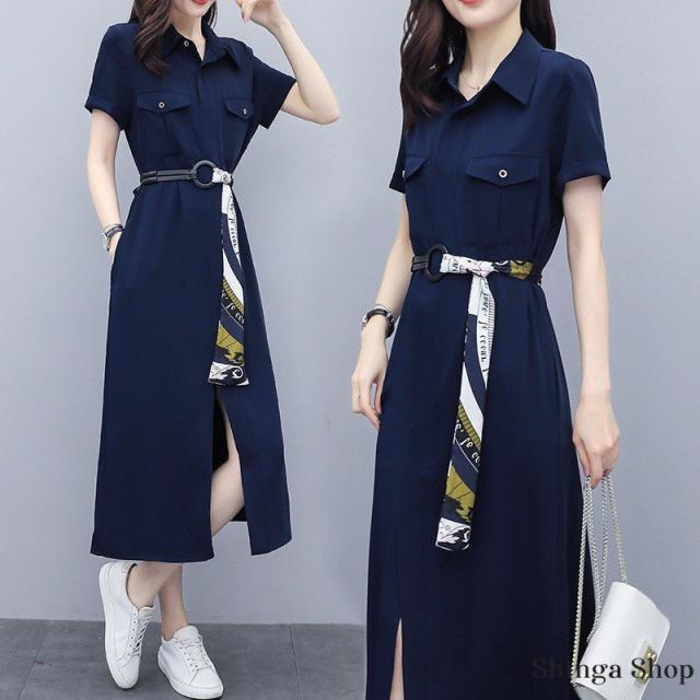 ワンピース レディース 40代 きれいめ 夏 シャツワンピース フレア 半袖 無地 膝丈 シフォン ハイウエスト ドレス 韓国風 オシャレ 通勤 大人 上品 着痩