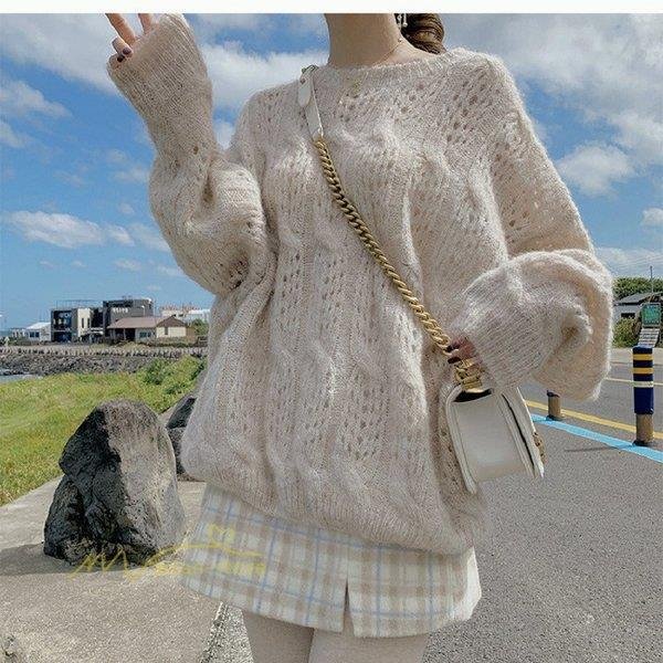 ニット レディース セーター 長袖 トップス ニットセーター 韓国風 丸首 着回 ふわふわ 無地 洗えるニット お洒落 シンプル 通勤 OL チュニック ゆるシルエット
