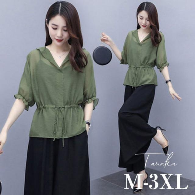 セットアップ レディース 春 夏 秋 おしゃれ セットアップ 半袖ブラウス Vネック九分丈ワイドパンツ リネン カジュアル 韓国風 通勤 40代 大きいサイズ 緑