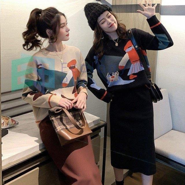 セットアップ レディース 秋冬 可愛い ニットセット 上下セット 2点セット トップス ニット セーター スカート カジュアルウエア きれいめ 韓国風 オシャレ 2色