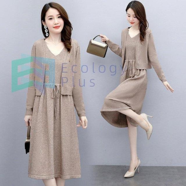 ニットワンピースセット レディース 40代 秋冬 長袖 ニットカーディガン フレアスカート 無地ニットセットアップ オシャレワンピース 着痩せ 大人 通勤 入学式