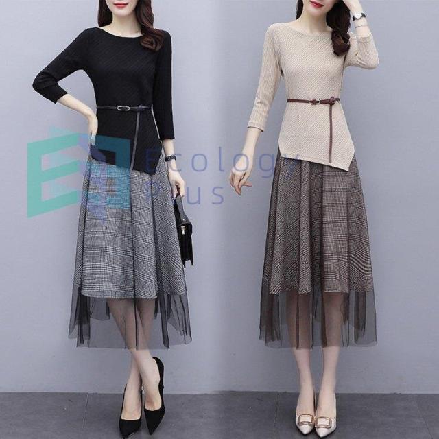 ワンピースセットアップ レデイース 40代ワンピース 春秋 おしゃれ オシャレセットアップ 長袖tシャツ スカートセット ベルト付き 大きいサイズ 着痩せ 通勤