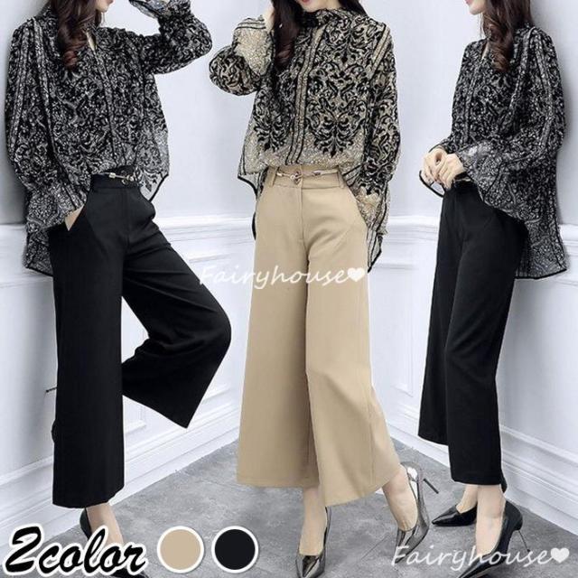 セットアップ レディース 長袖 セットアップ ロング丈 ワイドパンツ シフォン 秋服 オフィスセットアップ 大きいサイズ オシャレ通勤セット 40代 フォーマル