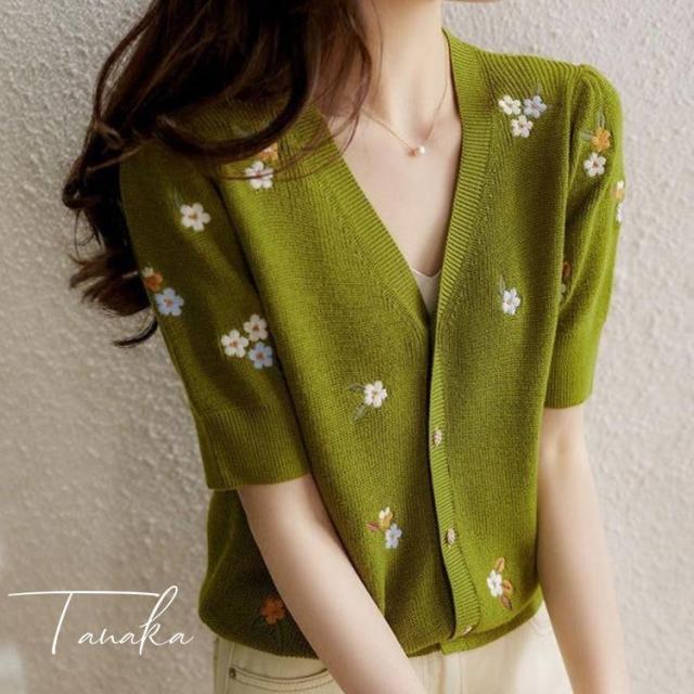 ニットTシャツ トップス レディース きれいめ 30代 春夏 半袖トップス 花刺繍 おしゃれ 緑 ブラウス Vネック tシャツ 韓国風 通勤 着痩せ