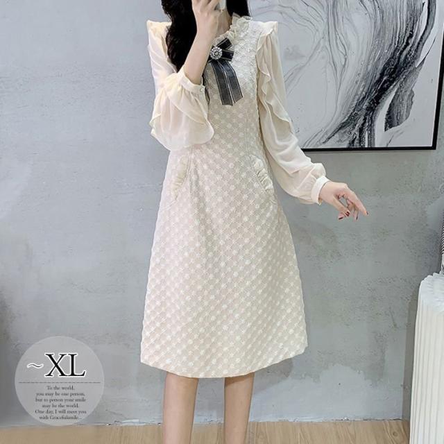 ワンピース パフスリーブ 長袖 首元フリル Aライン 膝丈 胸元リボン キュート 甘め 大人可愛い ママ ママスタイル 可愛い 美人 ドライブ フェミニン/