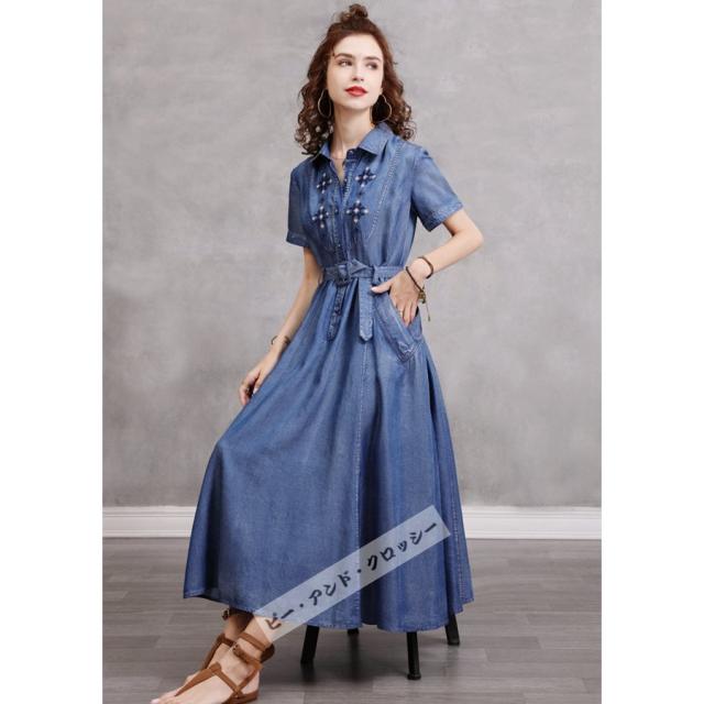 デニムワンピース レディース マキシワンピース 半袖 ゆったり ロング オシャレ デニムワンピース 着痩せ 大きいサイズ 通勤 通学 カジュアル ママ服 キレイめ