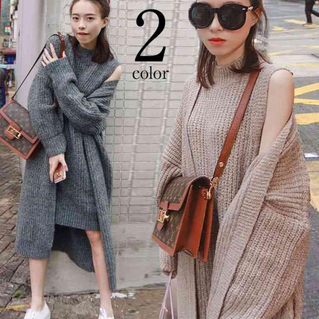 ワンピース レディース ひざ丈ワンピース 長袖 ニットワンピース カーディガン きれいめ ワンピ  30代40代 2019秋冬 大人