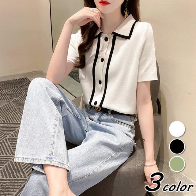 Tシャツ レディース 40代 春夏 上品 半袖Tシャツ 薄手ニットソー 折り襟トップス カジュアル オシャレ 韓国風 ゆったりカットソー 大きいサイズ Tシャツ