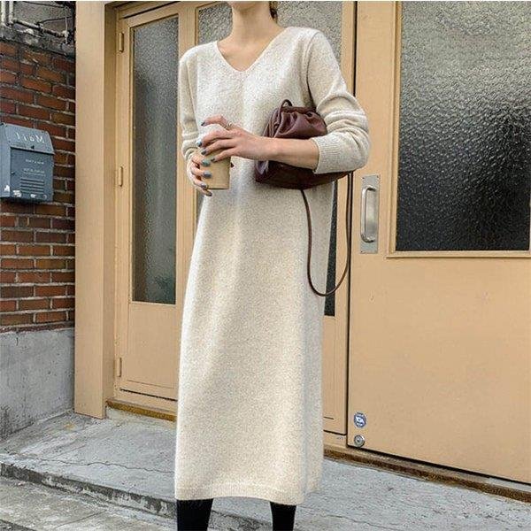 ロングワンピース ニットワンピース 秋 冬 レデース ワンピース 長袖 ロング丈 黒 無地 体型カバー ゆったり Vネック リブ ニット 重ね着 通勤 30代 40代 50代