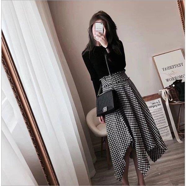 スカートセットアップ レディース 2点セット 上下セット ニット カットソ ロングスカートチェック 不規則 大きいサイズ 着痩せ 通勤 OL おしゃれ カジュアル