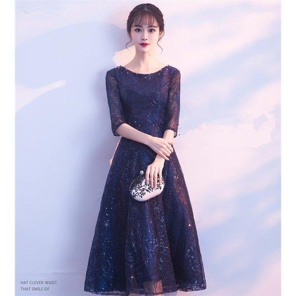 パーティードレス ミモレ丈 膝丈 袖あり キラキラ 結婚式 お呼ばれ レース 二次会 演奏会 披露宴 上品  ネイビー 大きいサイズ XS〜4L