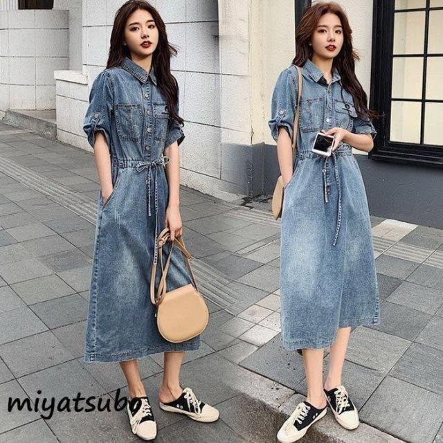デニムワンピース レディース 40代 おしゃれ マキシワンピース 半袖 ゆったり ロング丈スカート 春夏 オシャレ無地デニムワンピース 韓国風 着痩せ 大人可愛い