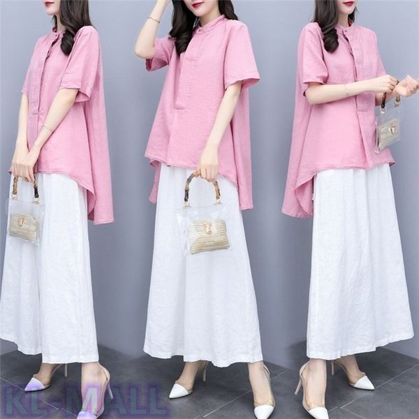 40代春夏きれいめオールインワン上下ワイド パンツ 2点セット リネン混フレア 大人上品着痩せ