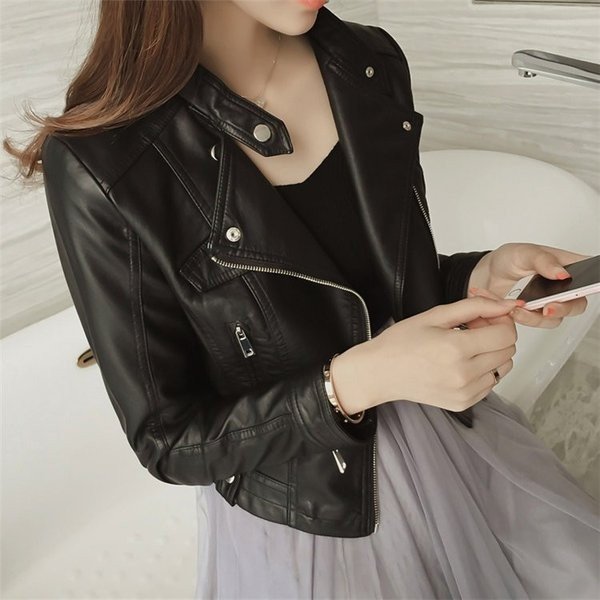 春秋 ブルゾン 黒 レザージャケット レディース ジャケット PU ジャケット フェイクレザー ジャケット 無地 フィット 女の子 コート ライダース風 ジャケット