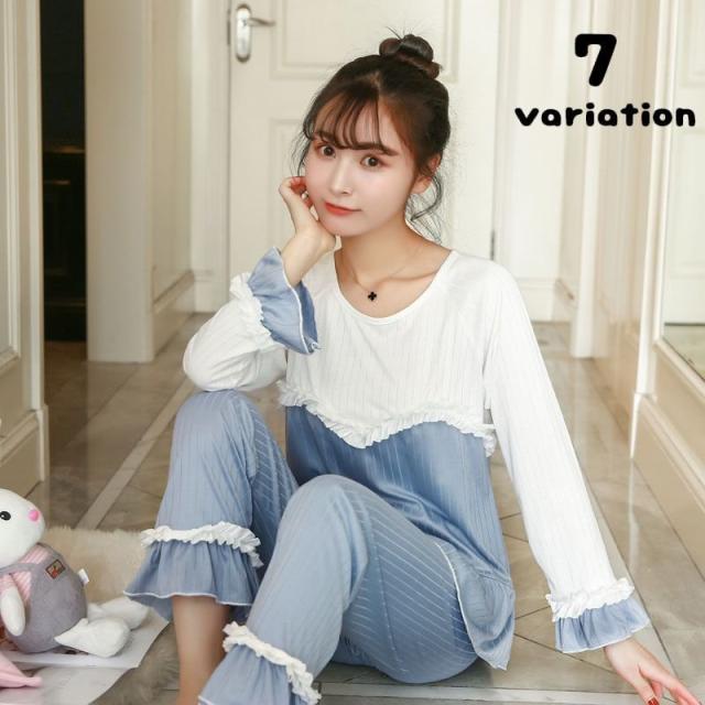 パジャマ 上下セット レディース ルームウェア 長袖 長ズボン 寝間着 ラウンドネック 部屋着 ロングパンツ プルオーバー 裾ゴム トップス ボトムス