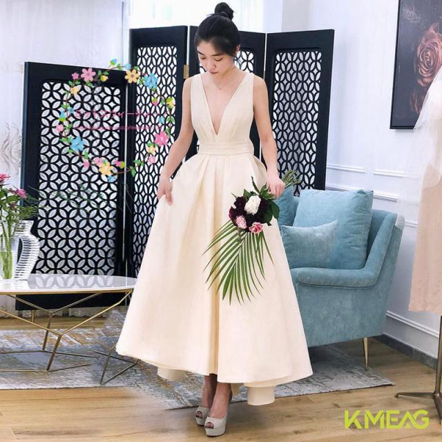 ウェディングドレス 二次会 花嫁 結婚式 披露宴 マキシ丈ドレス サテンスカート ワンピース vネック ブライダル 撮影 後撮り ワンピース エレガンス アイボリー