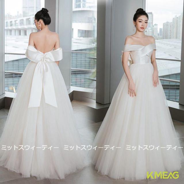 ウェディングドレス 二次会 前撮り 挙式 花嫁 オフショルダー チュール 結婚式 ブライダル パーティードレス 後撮り セミオーダー 大きいサイズ バックシャン