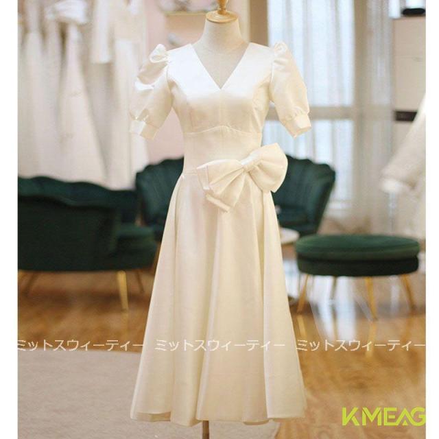 ウェディングドレス 二次会 花嫁 Aライン 小さいサイズ リボン フォーマル パーティードレス 披露宴 ブライダル 結婚式 ミディアム丈 演奏会 カクテルドレス