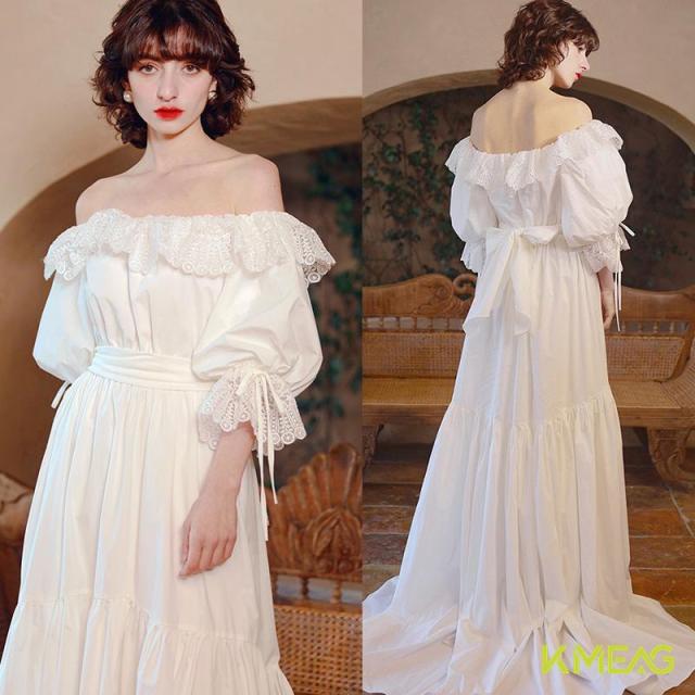 ウェディングドレス ロングドレス サテン パフスリーブ レトロ調 オフショルダー フリル 二次会 結婚式 前撮り ブライダル 花嫁 ウエディングドレス