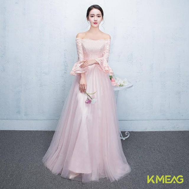 カラードレス ピンク 格安 イブニングドレス 長袖 ロング パーティードレス 演奏会 花嫁 フォーマルドレス 結婚式 ブライズメイドドレス 二次会 サッシュリボン