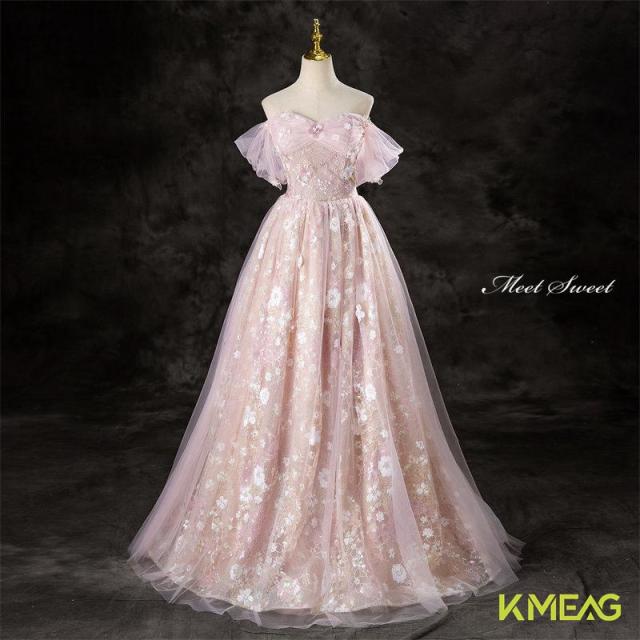 カラードレス ピンク フラワー 花柄 ウェディングドレス ロングドレス 結婚式 二次会 演奏会 発表会 中高生 成人式 可愛い ステージドレス ウエディングドレス