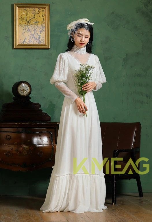 ロング ウエディングドレス 長袖 ハイネック レトロ ヴィンテージ風 ウエディングドレス エレガント パフスリーブ レース 森ガール系 カジュアル ウエディングドレス 海外挙式 ファミリー結婚式 披露宴 花嫁 フォマールドレス 二次会 パーティー ドレス 白 XS S M L XL 2XL