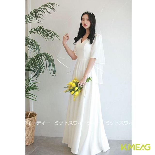 ウェディングドレス 白 aラインドレス 半袖 ウエディングドレス 二次会 花嫁 パーティードレス 披露宴 ブライダル 結婚式 ロングドレス 演奏会 フォーマルドレス