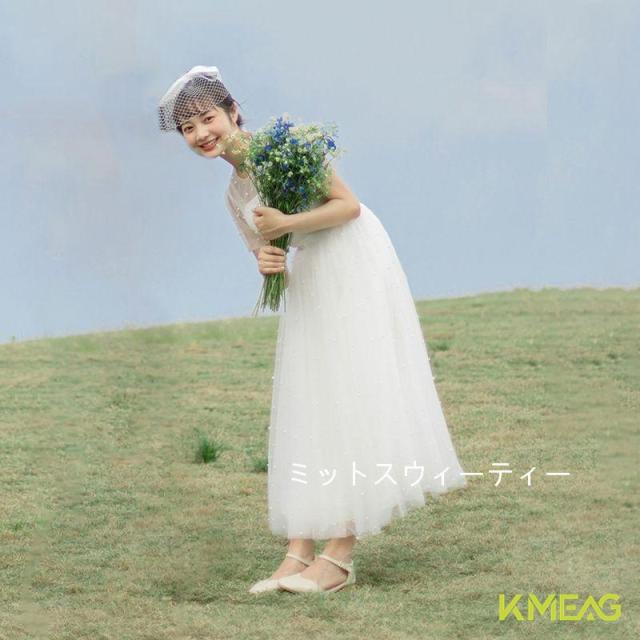 ウェディングドレス Aラインスカート ミモレドレス ホワイト 半袖 結婚式 披露宴 二次会 前撮り マキシ丈 パーティー ウエディングドレス ロケーション 写真