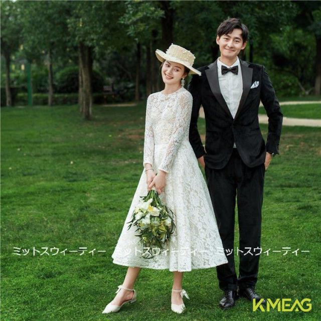 ウェディングドレス ウエディングドレス ロングドレス ミモレ丈ワンピース レース 結婚式 二次会 花嫁 前撮りドレス ガーデンウェディング ハネムーンフォト