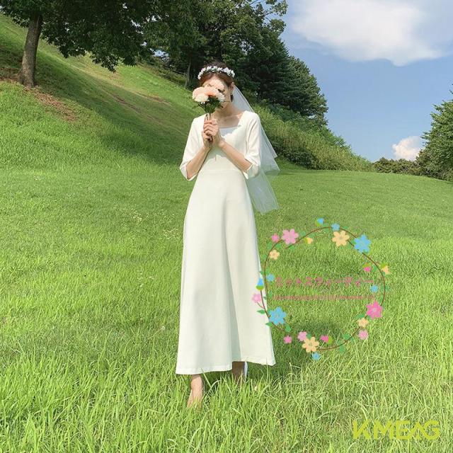 ウエディングドレス カジュアル ナチュラル 安い 花嫁 ドレス ウェディングドレス ワンピース ビーチフォト後撮り ブライダル 袖あり Ａライン 二次会