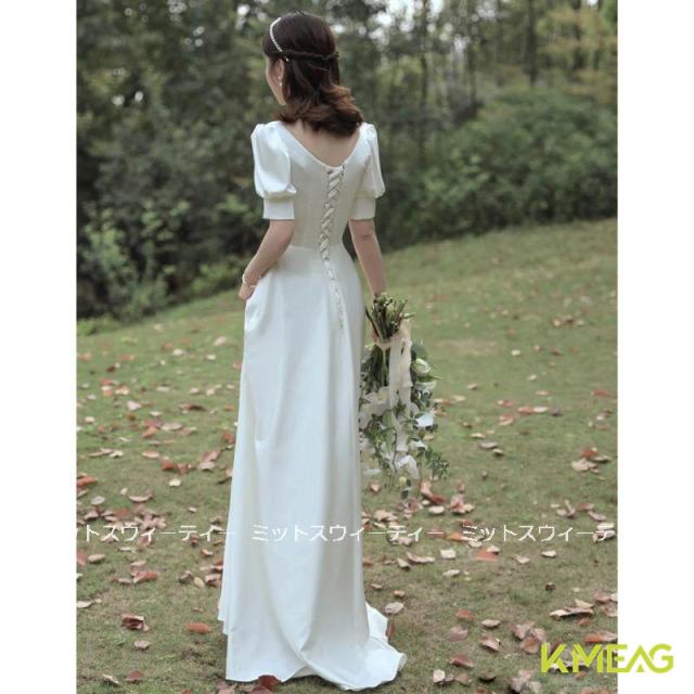 ウエディングドレス 二次会 花嫁 前撮り 袖あり ウェディングドレス ロングドレス 結婚式 白 サテン リゾートドレス ワンピース 編み上げ ワンピース ブライダル