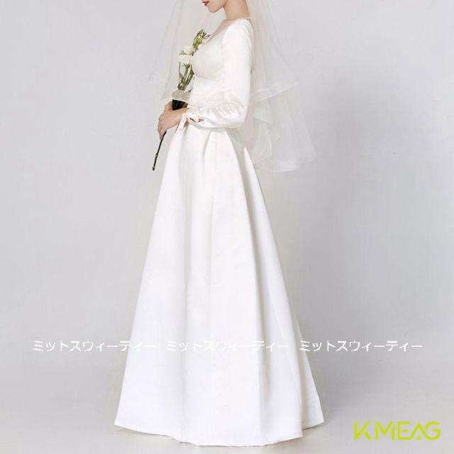 ウェディングドレス ロングドレス 結婚式 ウエディングドレス 長袖 Aラインドレス 二次会 花嫁 前撮り エレガント サテン ホワイト シンプル リゾート 披露宴