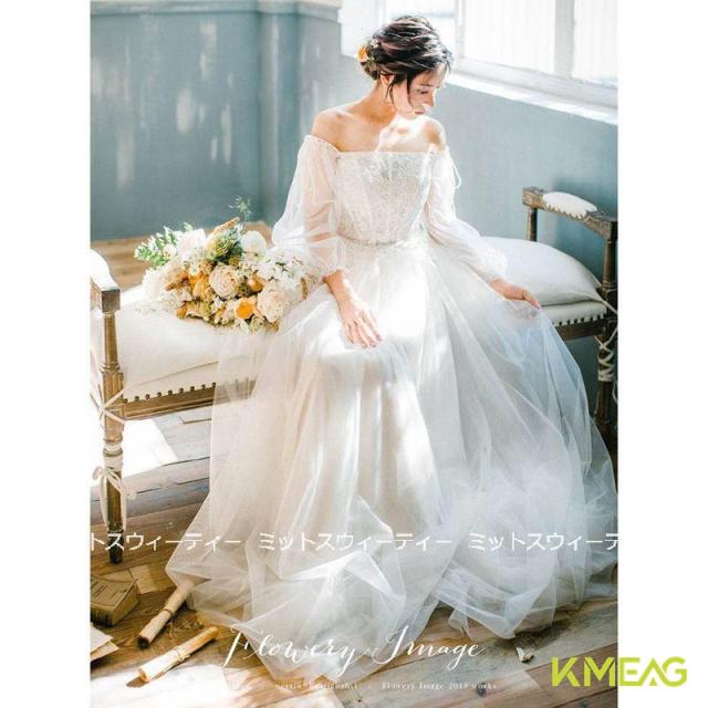 ウェディングドレス ウエディングドレス ロングドレス 結婚式 オフショルダー 二次会 花嫁 前撮りドレス オフホワイト ガーデンウェディング 披露宴 ふわふわ