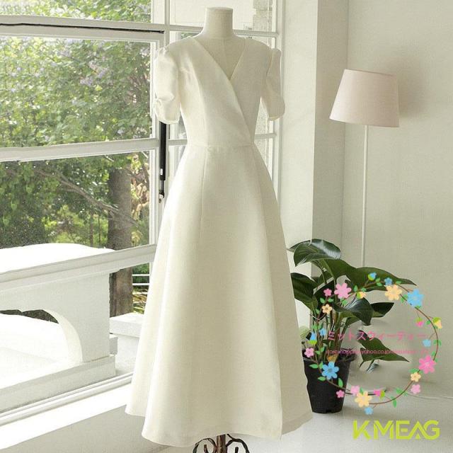 ウエディングドレス ミモレ丈 袖あり 二次会 結婚式 ブライズメイド パーティードレス 安い フォーマルドレス 花嫁 披露宴 カクテルドレス お呼ばれドレス 安い