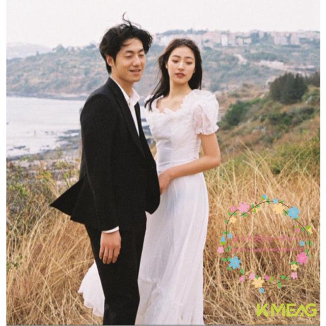 ウェディングドレス 結婚式 二次会 マキシ丈 袖あり 旅行 前撮り リゾートウェディング ウエディングフォト ホワイト 半袖 SNS 韓国風 優しい