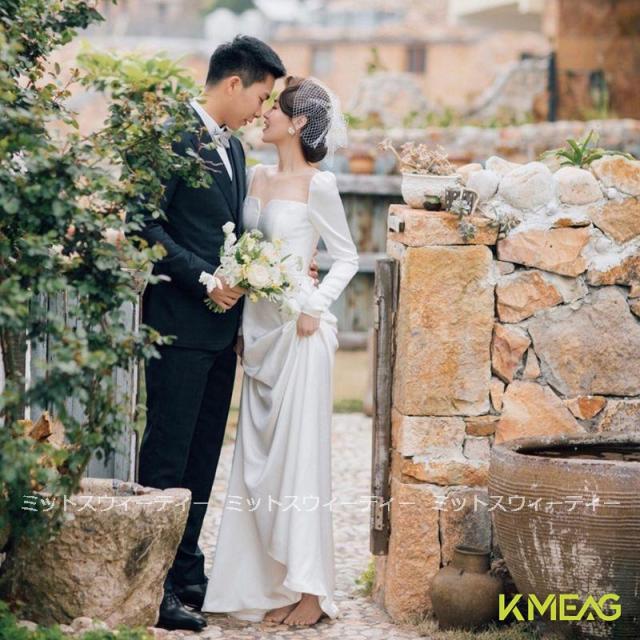 結婚式 ウエディングドレス 長袖 Aラインドレス 二次会ドレス 花嫁 白 小さいサイズ 海外挙式 パーティードレス 披露宴 ブライダル ロングドレス 演奏会 小柄