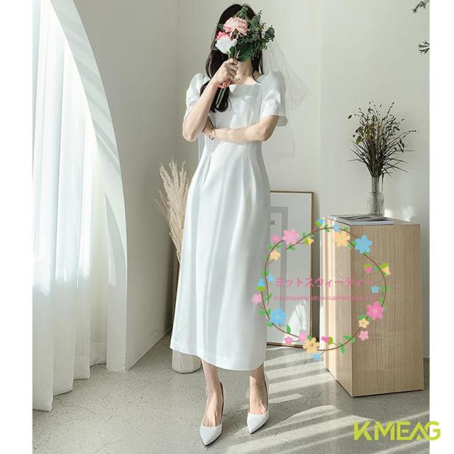 パーティードレス ミディアムドレス 白 ワンピース お呼ばれ 披露宴 結婚式 二次会 花嫁ドレス ウエディングドレス 袖あり Aラインドレス ブライダル シンプル