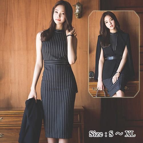 【グラシア】 キャバ ドレス キャバドレス ワンピース ミディアムドレス ノースリーブ エレガント シック ストライプ セットアップ 羽織る 大人 ブラック S M L XL